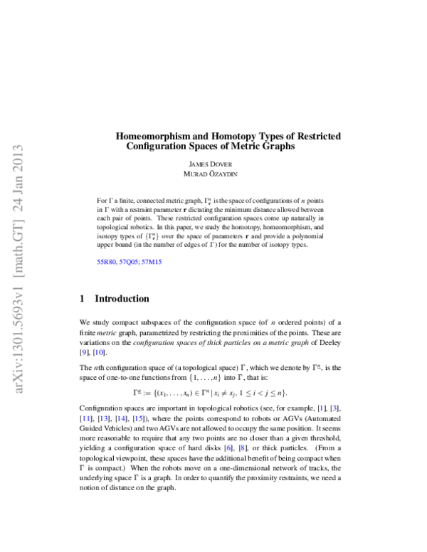 (PDF) Homeomorphism and Homotopy Types of Restricted Configuration Spaces of Metric Graphs