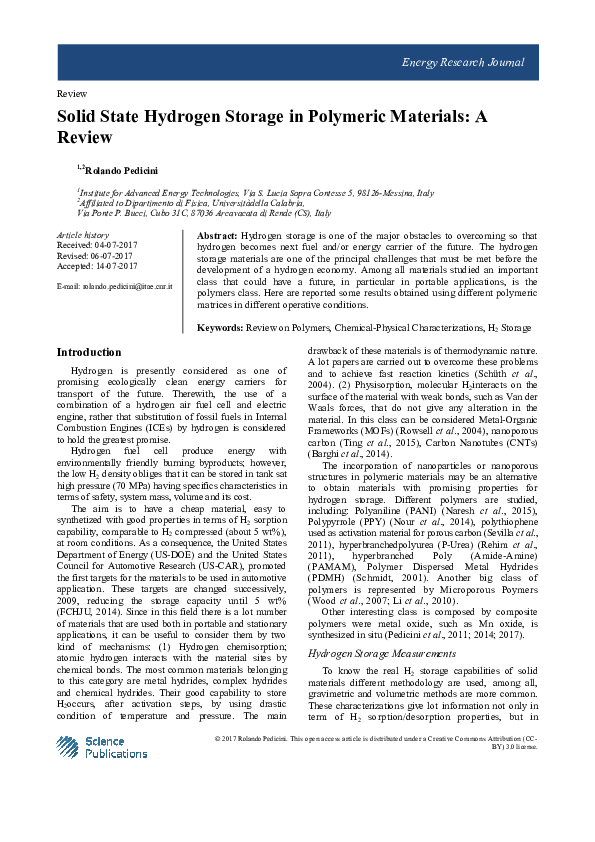 (PDF) Solid State Hydrogen Storage in Polymeric Materials: A Review