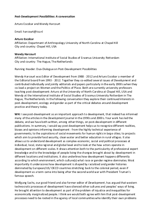 (PDF) Post-development Possibilities: A Conversation