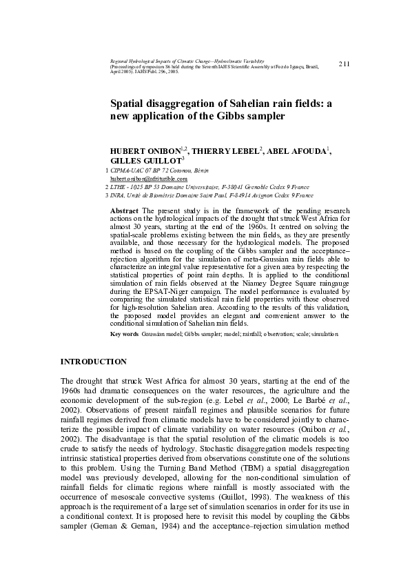 (PDF) Spatial disaggregation of Sahelian rain fields: a new application of the Gibbs sampler