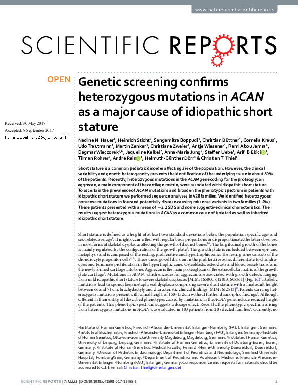(PDF) Genetic screening confirms heterozygous mutations in ACAN as a ...