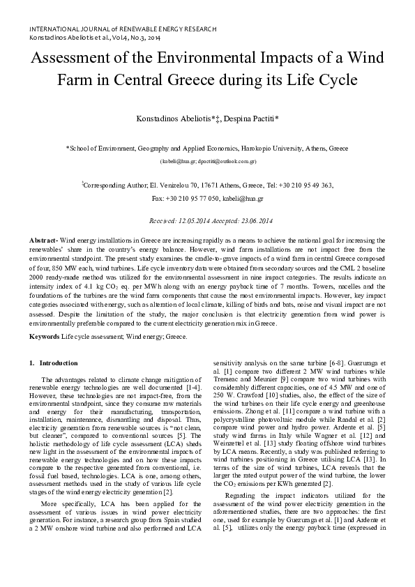 (PDF) Assessment of the Environmental Impacts of a Wind Farm in Central ...