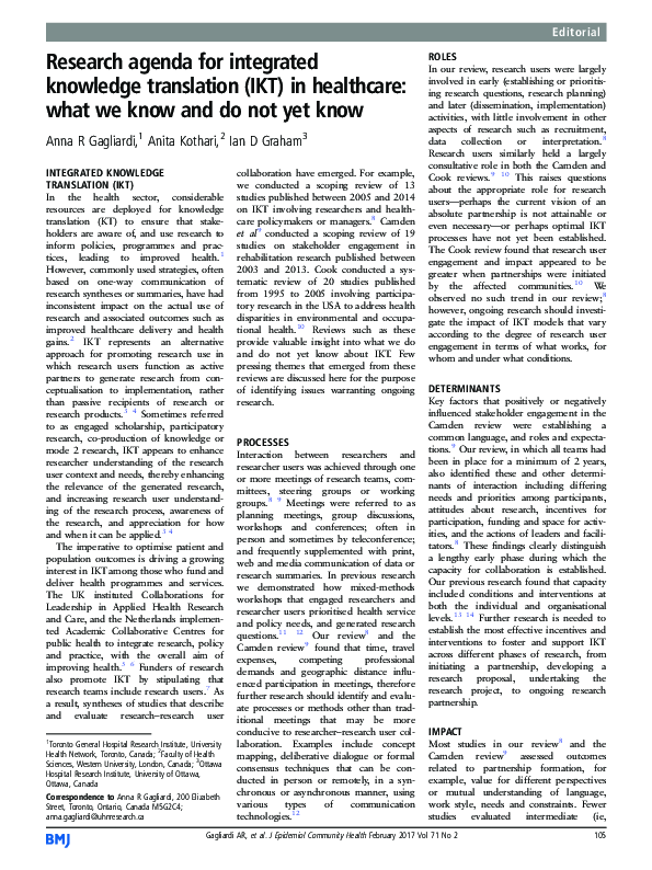 (PDF) Research agenda for integrated knowledge translation (IKT) in ...