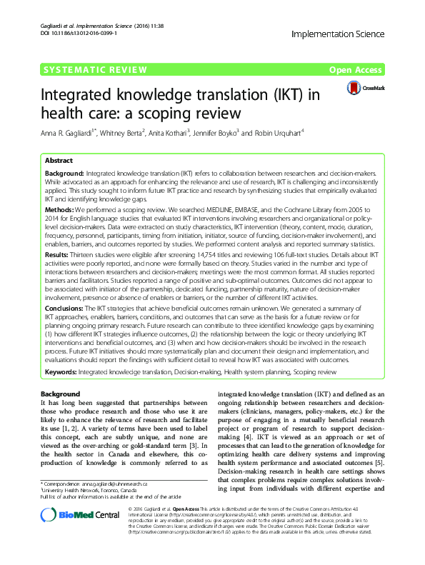 (PDF) Integrated knowledge translation (IKT) in health care: a scoping ...
