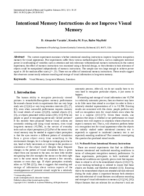PDF Intentional Memory Instructions Do Not Improve Visual Memory PDF Intentional Memory Instructions Do Not Improve Visual Memory