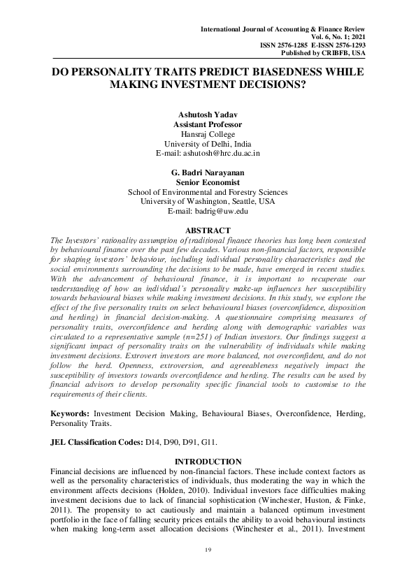 (PDF) DO PERSONALITY TRAITS PREDICT BIASEDNESS WHILE MAKING INVESTMENT ...