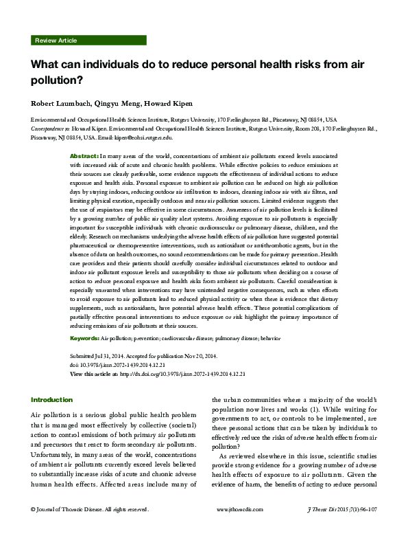 (PDF) What can individuals do to reduce personal health risks from air ...