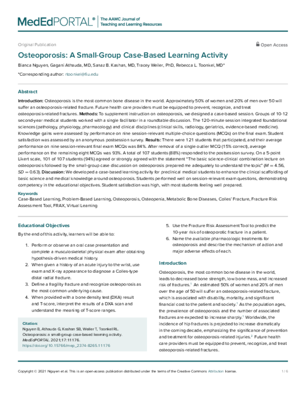 Pdf Osteoporosis A Small Group Case Based Learning Activity Tracey
