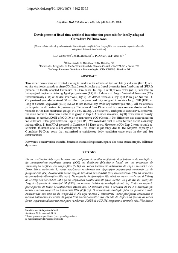 (PDF) Development of fixed-time artificial insemination protocols for locally adapted Curraleiro ...