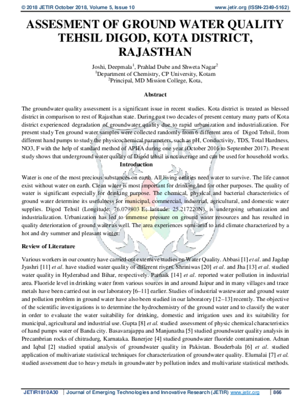 (PDF) Assesment of Ground Water Quality Tehsil Digod, Kota District ...