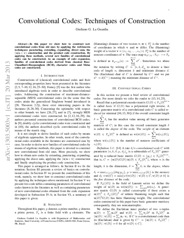 (PDF) 1 Convolutional Codes: Techniques of Construction