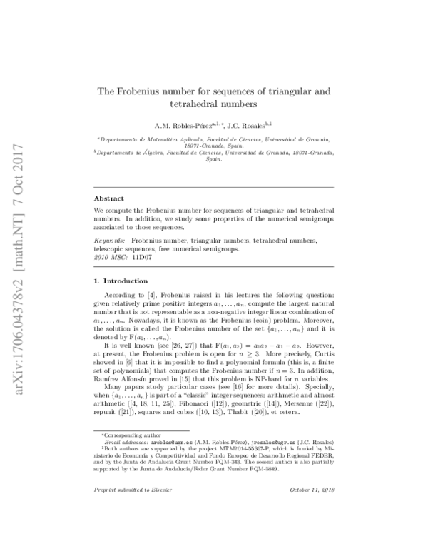 (PDF) Frobenius Number of Triangular and Tetrahedral Sequences