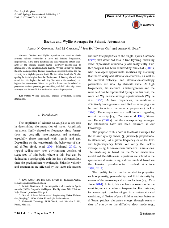 (PDF) Backus and Wyllie Averages for Seismic Attenuation
