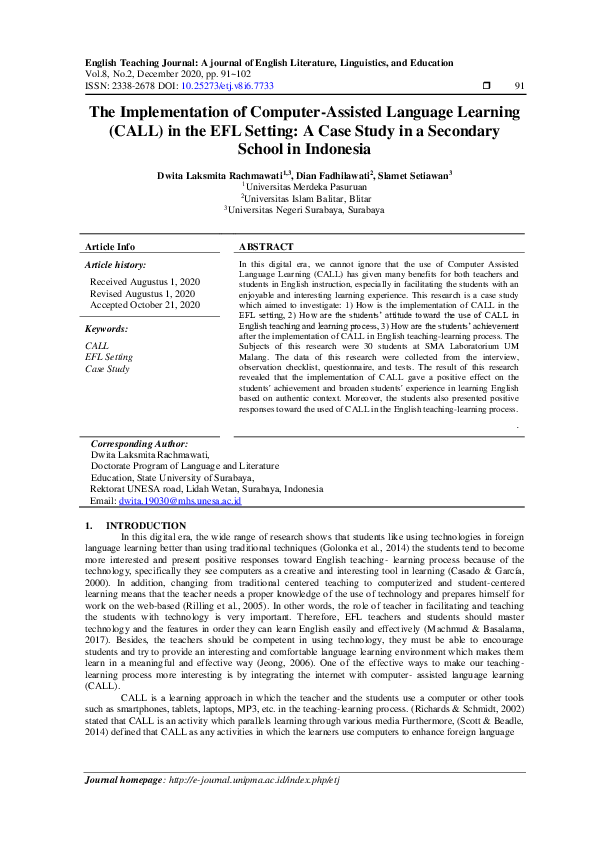 (PDF) The Implementation of Computer-Assisted Language Learning (CALL) in the EFL Setting: A ...
