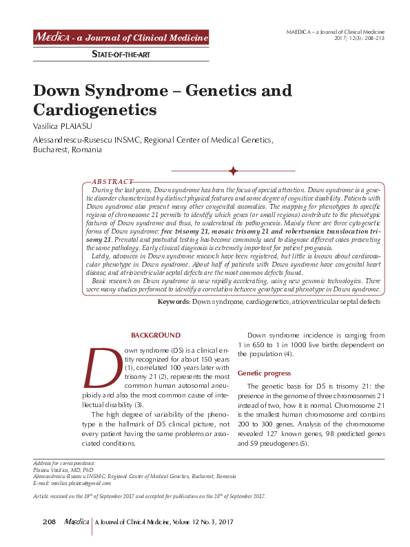 (PDF) Down Syndrome - Genetics and Cardiogenetics