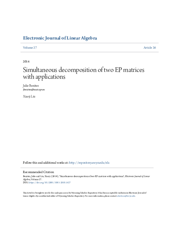 (PDF) Simultaneous decomposition of two EP matrices with applications