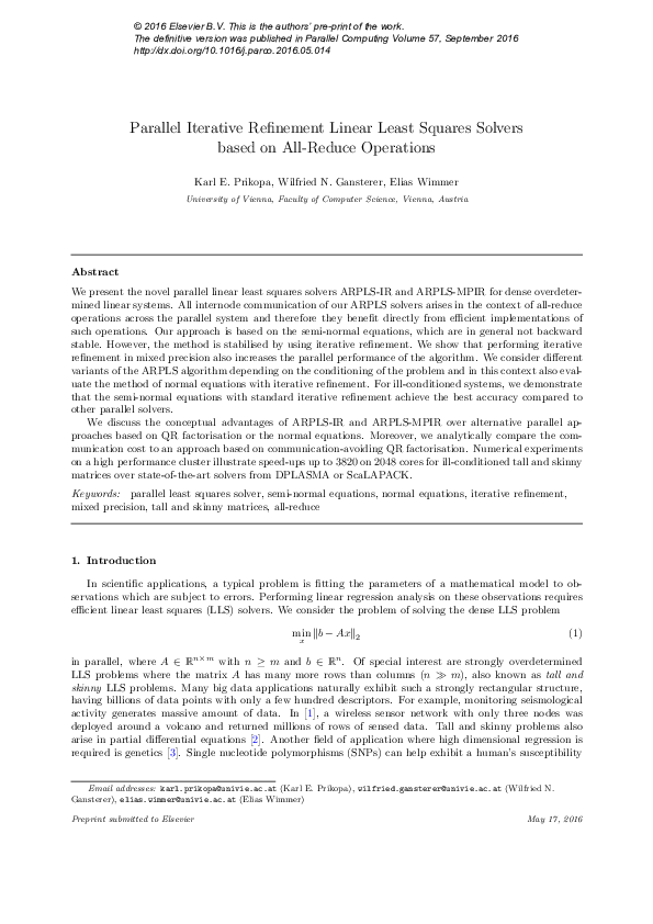 (PDF) Parallel iterative refinement linear least squares solvers based on all-reduce operations