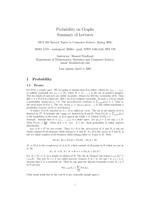 (PDF) Probability on Graphs -- Summary of Lectures