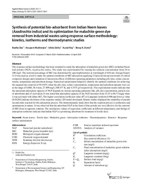 (PDF) Synthesis of potential bio-adsorbent from Indian Neem leaves (Azadirachta indica) and its ...