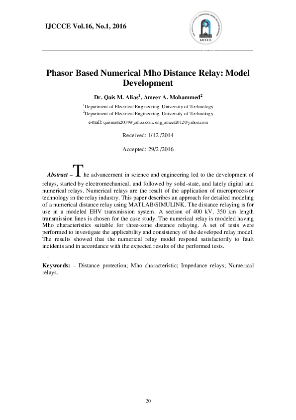 (PDF) Phasor Based Numerical Mho Distance Relay: Model Development