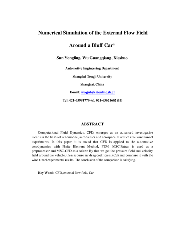 (PDF) Numerical Simulation of the External Flow Field Around a Bluff Car*