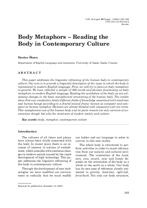 (PDF) Body metaphors--reading the body in contemporary culture
