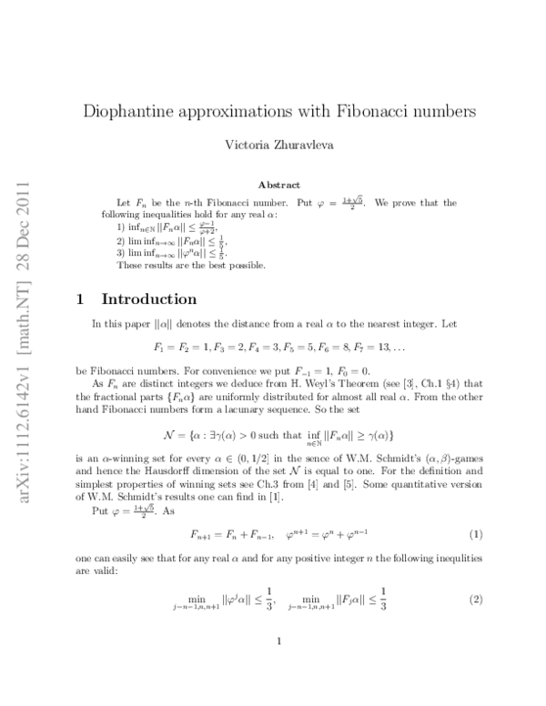 Pdf Diophantine Approximations With Fibonacci Numbers