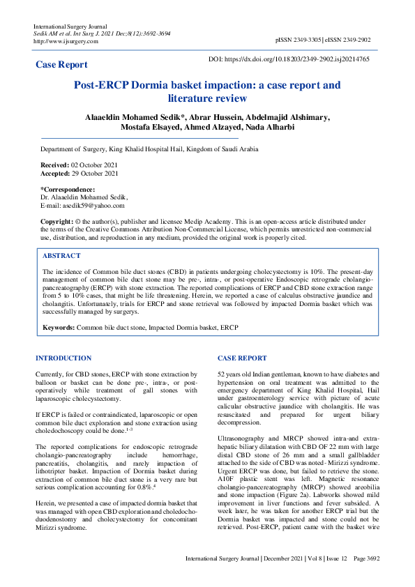 (PDF) Post-ERCP Dormia basket impaction: a case report and literature ...