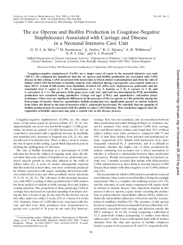 (PDF) The ica Operon and Biofilm Production in Coagulase-Negative ...