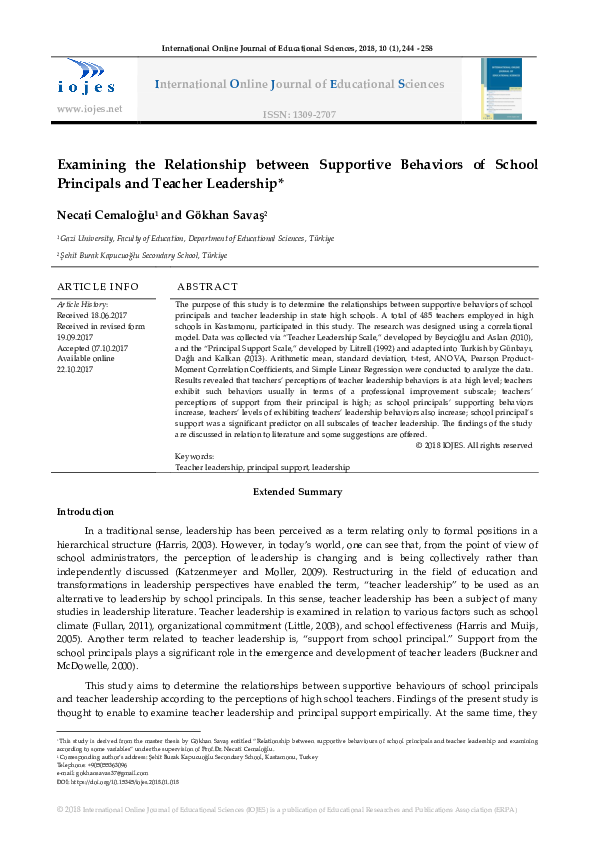 (PDF) Examining the Relationship between Supportive Behaviors of School Principals and Teacher ...