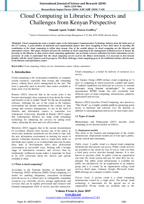 (PDF) Cloud Computing in Libraries : Prospects and Challenges from Kenyan Perspective