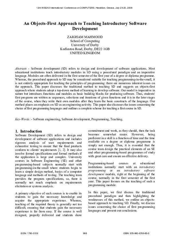 Pdf An Objects First Approach To Teaching Introductory Software Development