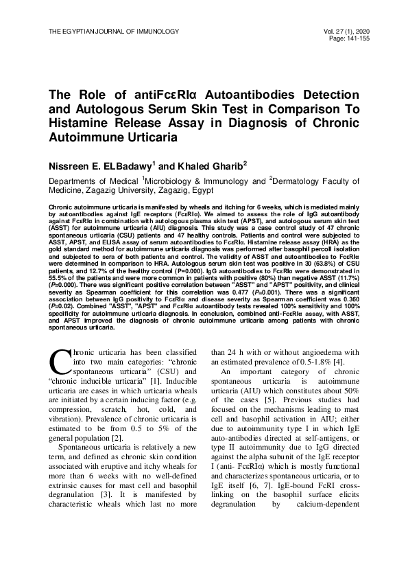 (PDF) The Role of antiFcεRIα Autoantibodies Detection and Autologous ...
