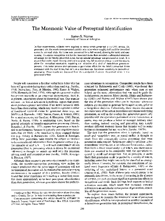 (PDF) The mnemonic value of perceptual identification