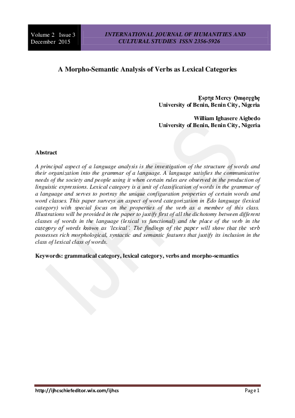 (PDF) A Morpho-Semantic Analysis of Verbs as Lexical Categories