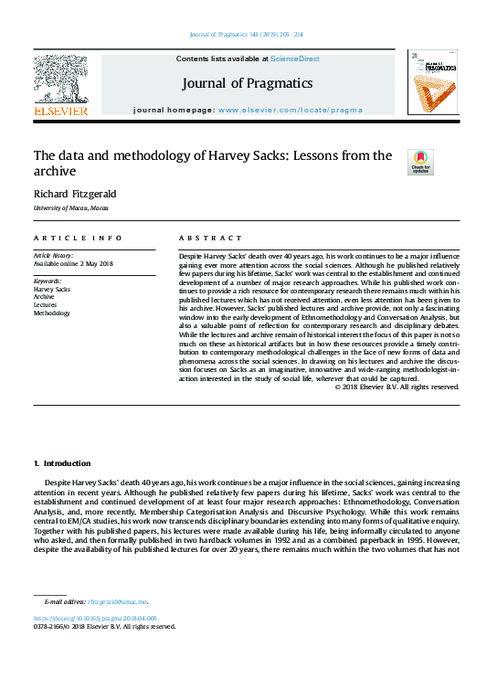 (PDF) The Data and Methodology of Harvey Sacks: Lessons from the ...