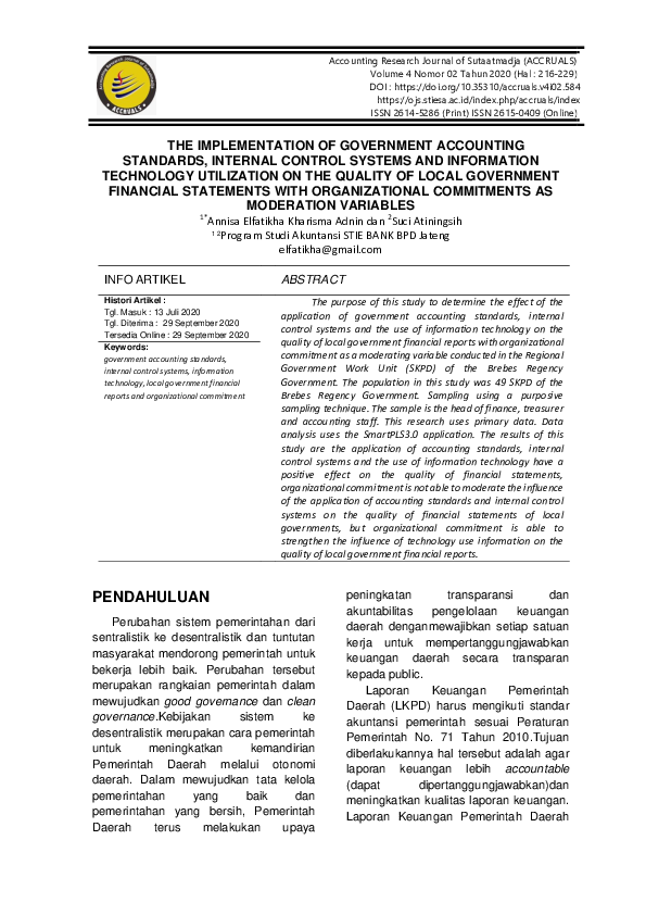 (PDF) The Implementation of Government Accounting Standards, Internal Control Systems and ...