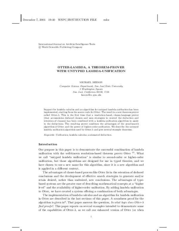 (PDF) Otter-lambda, a Theorem-prover with Untyped Lambda-unification