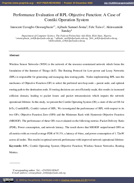 Pdf Performance Evaluation Of Rpl Objective Function A Case Of