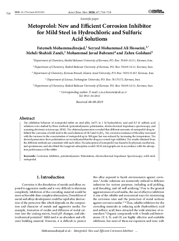 (PDF) Metoprolol: New and Efficient Corrosion Inhibitor for Mild Steel in Hydrochloric and ...