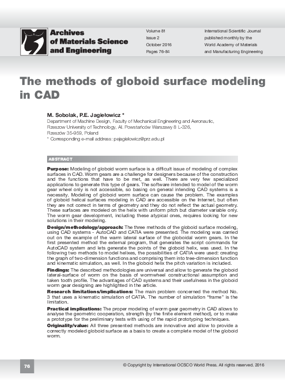 (PDF) The methods of globoid surface modeling in CAD