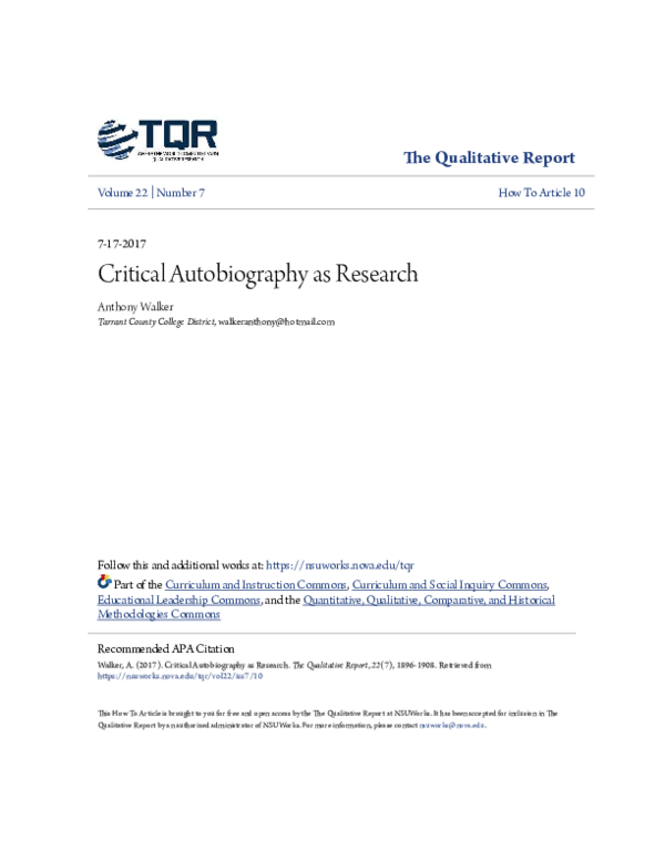 (PDF) Critical Autobiography as Research