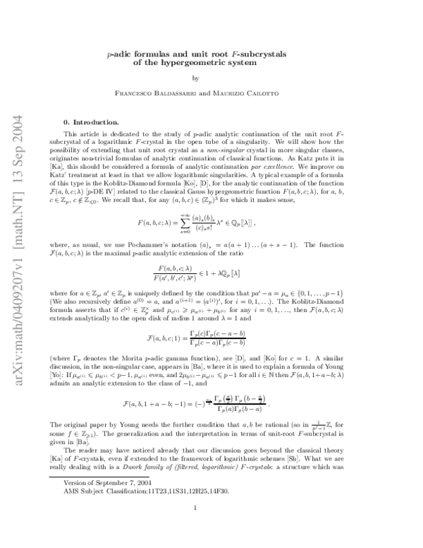 (PDF) $p$-adic formulas and unit root $F$-subcrystals of the hypergeometric system