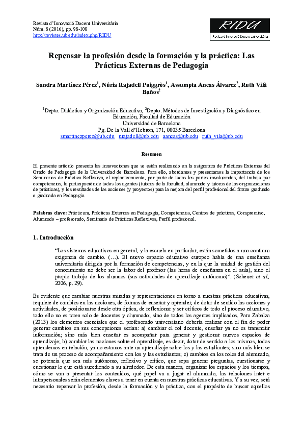 (PDF) Repensar la profesi n desde la formaci n y la pr ctica: Las Pr cticas Externas de Pedagog a
