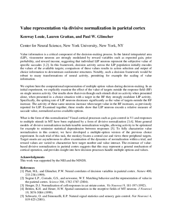 (PDF) Value representation via divisive normalization in parietal cortex
