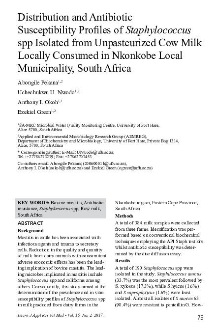 (PDF) Distribution and Antibiotic Susceptibility Profiles of Staphylococcus spp Isolated from ...