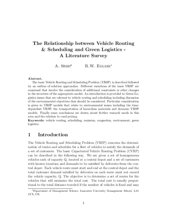 (PDF) The Relationship between Vehicle Routing & Scheduling and Green Logistics - A Literature ...