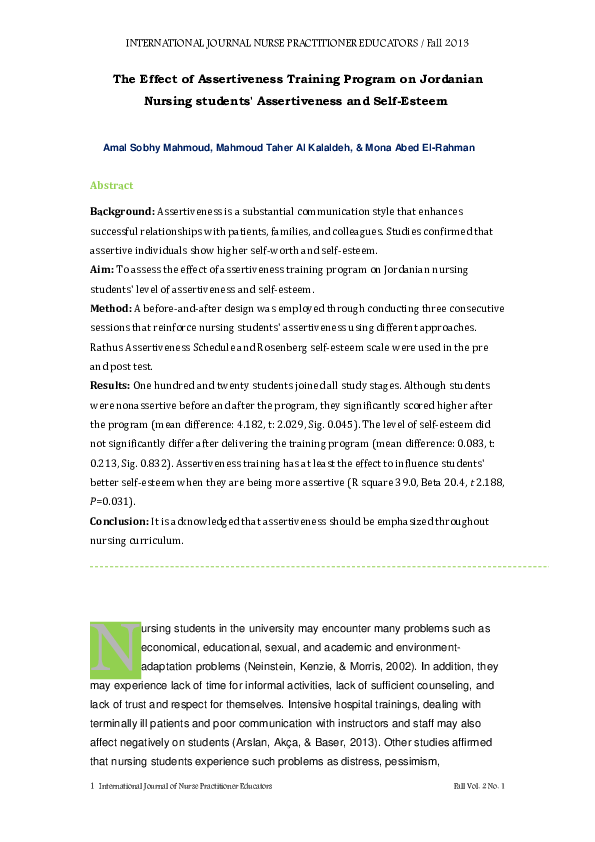 (PDF) The Effect of Assertiveness Training Program on Jordanian Nursing students' Assertiveness ...