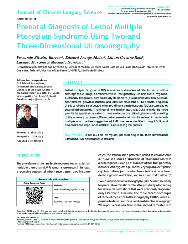 (PDF) Prenatal Diagnosis of Lethal Multiple Pterygium Syndrome Using ...