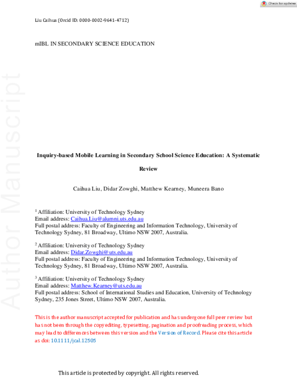 Pdf Inquiry‐based Mobile Learning In Secondary School Science Education A Systematic Review